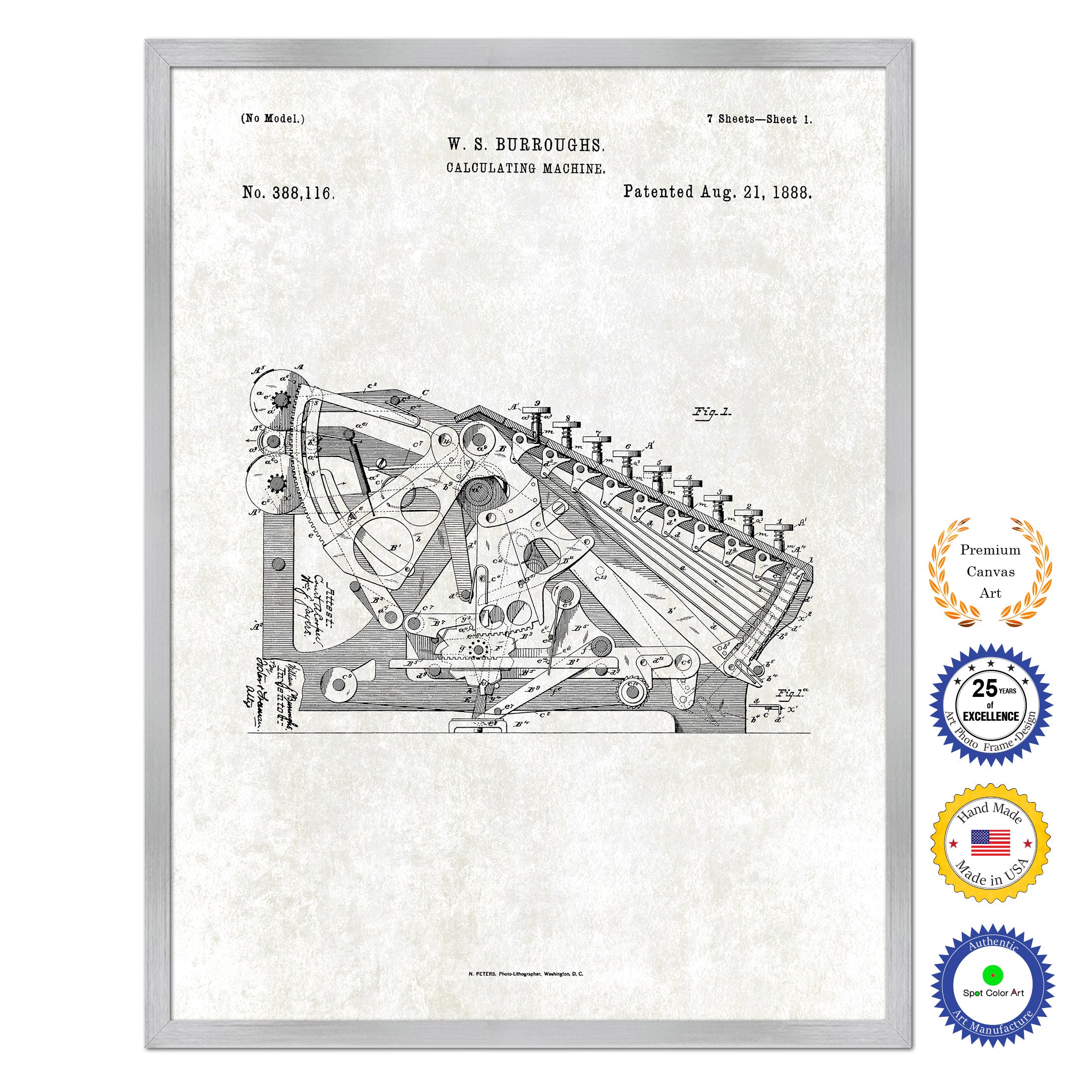 1888 Calculating Machine Vintage Patent Artwork SilverFramed Canvas ...